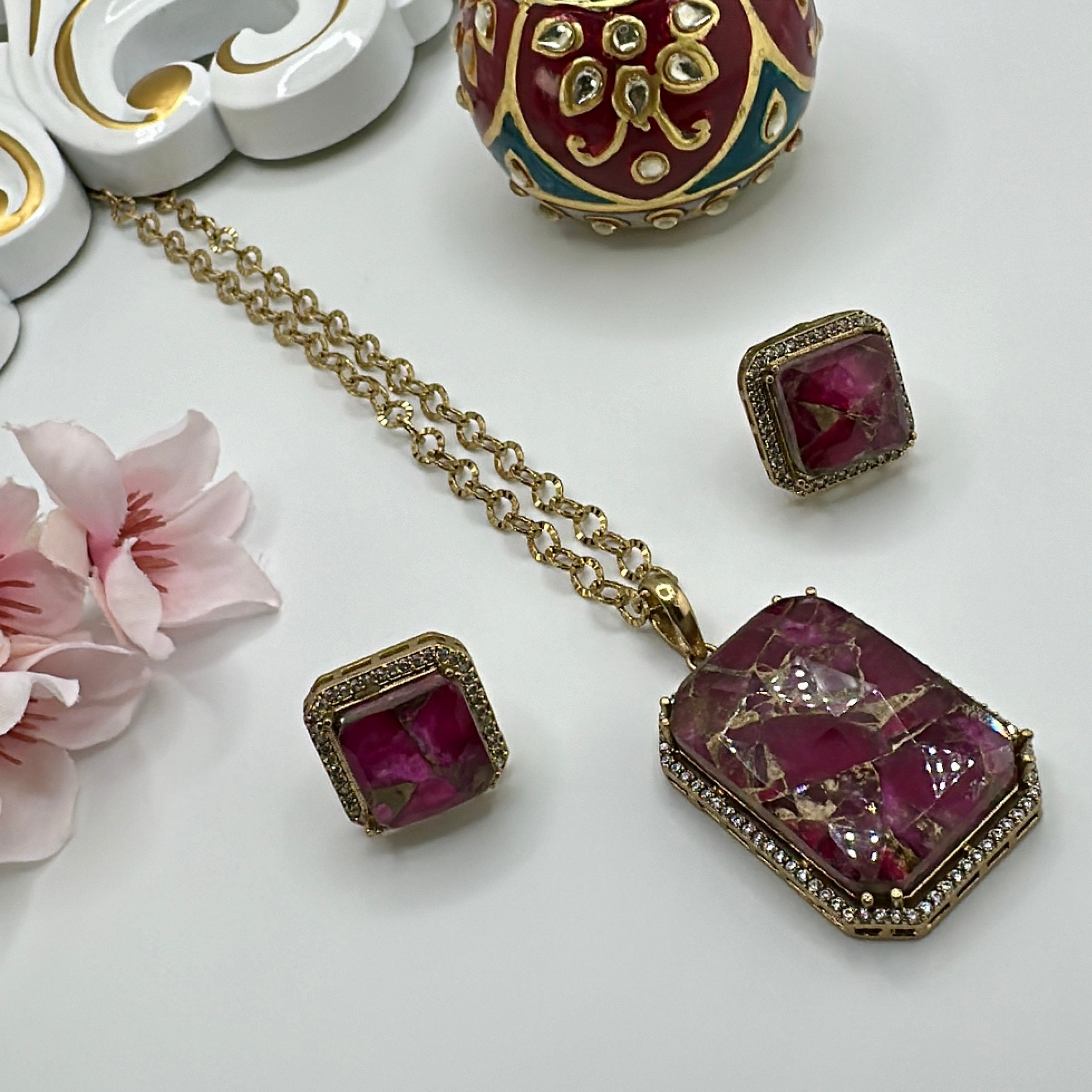 Hot Pink Ruby Metallic Doublet & American Diamonds Pendant Set – Kanya ...
